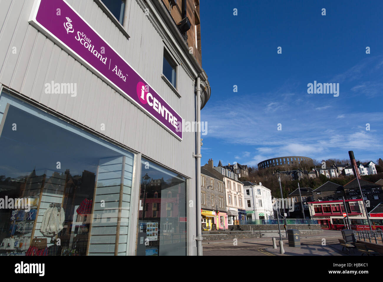 Town of Oban, Scotland. Oban’s Tourist Information Centre at North Pier ...
