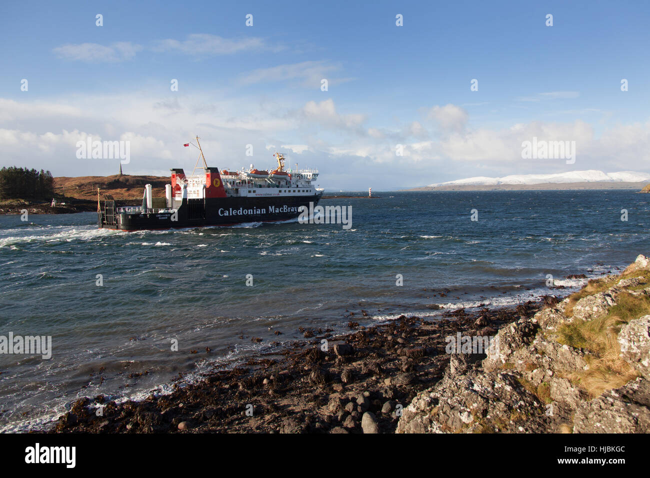 Town of Oban, Scotland. Picturesque view of a Cal Mac ferry on passage ...