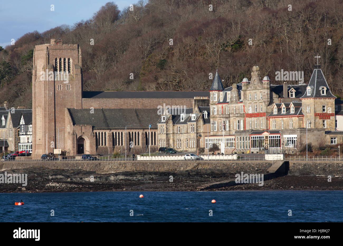 Town of Oban, Scotland. The Alexandra Hotel and St Columba's Cathedral ...