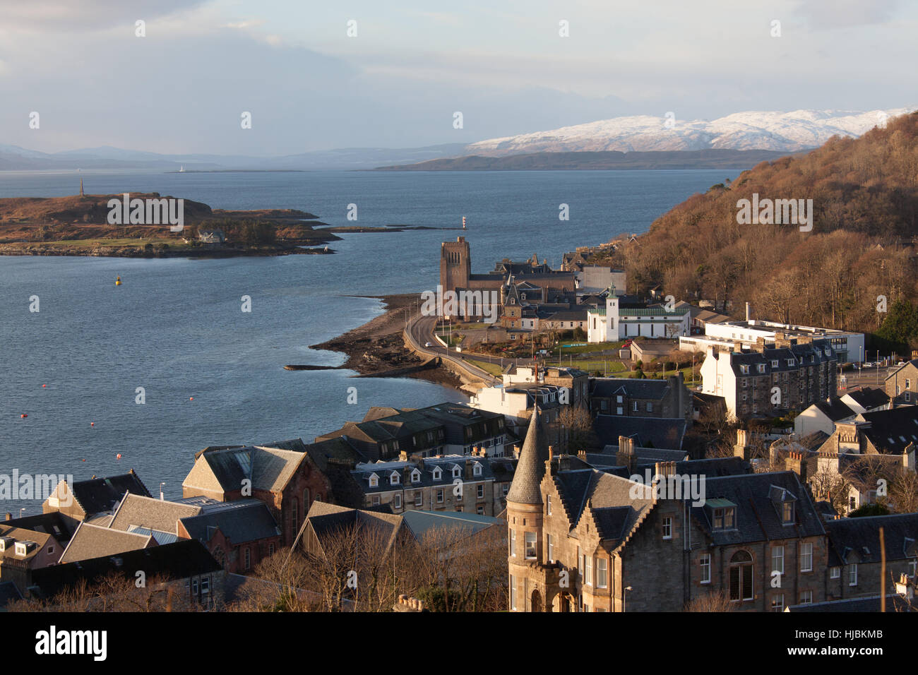 Town of Oban, Scotland. Aerial view over Oban Bay with Oban Cathedral ...