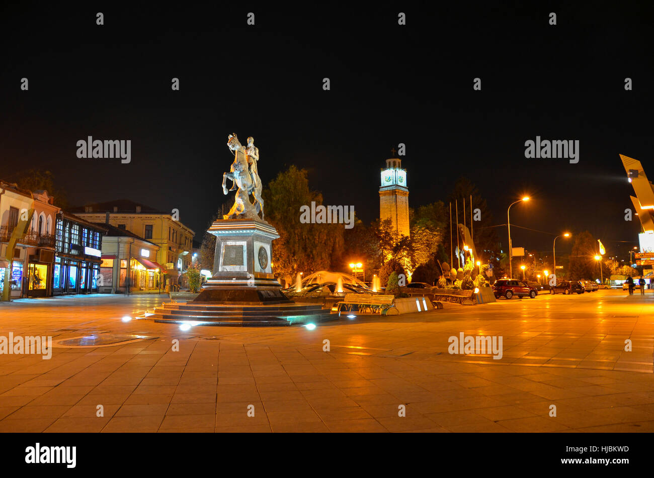 Philip II the Macedon monument and Clock Tower at night - Bitola city ...