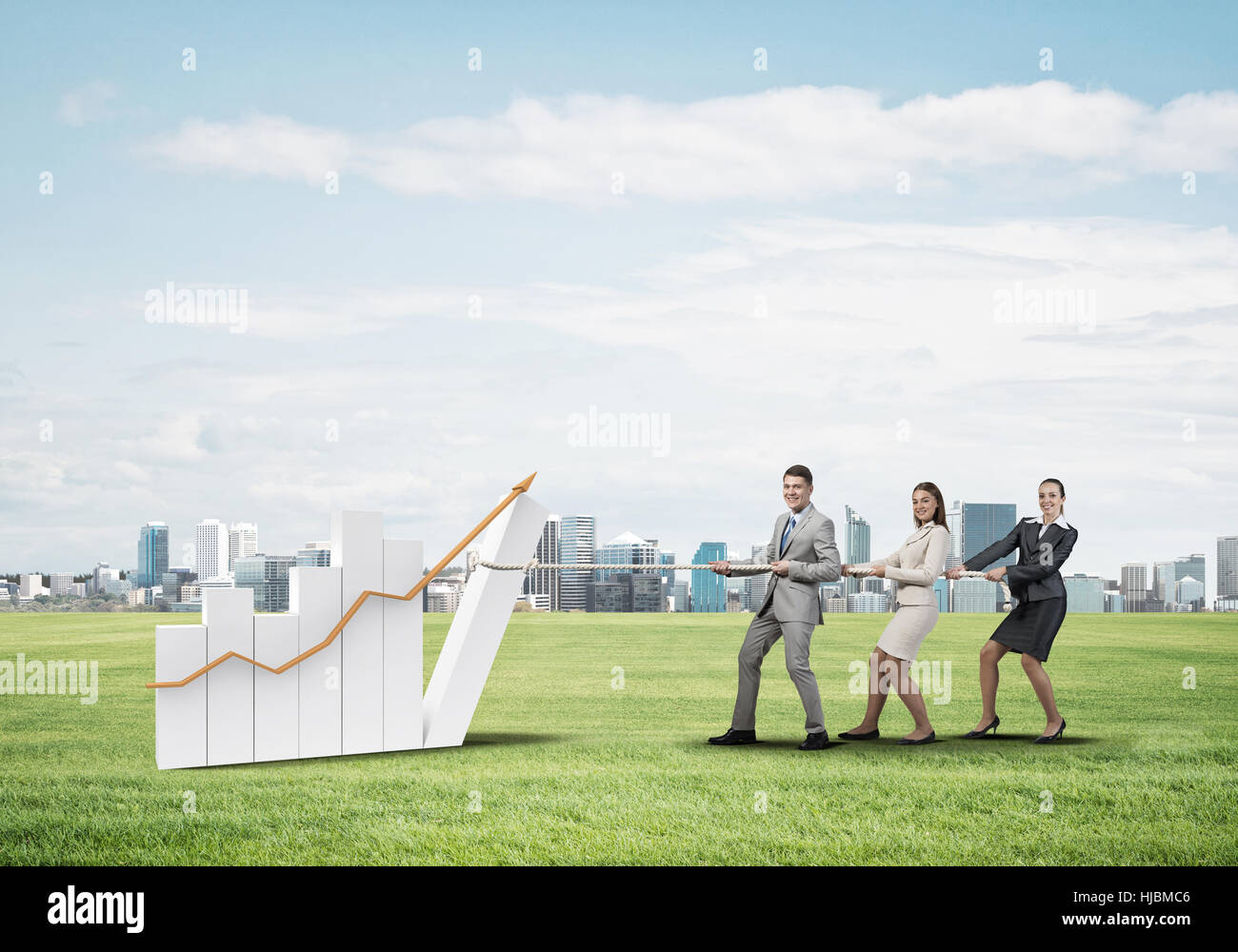 Businessteam working in collaboration making diagram grow and progress ...