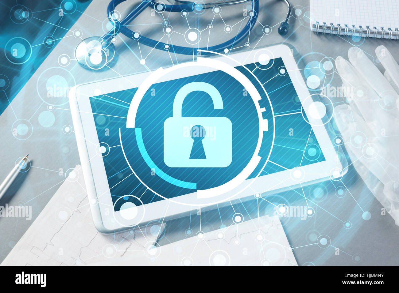 Top view of doctor workplace with tablet pc and medicine tools on ...