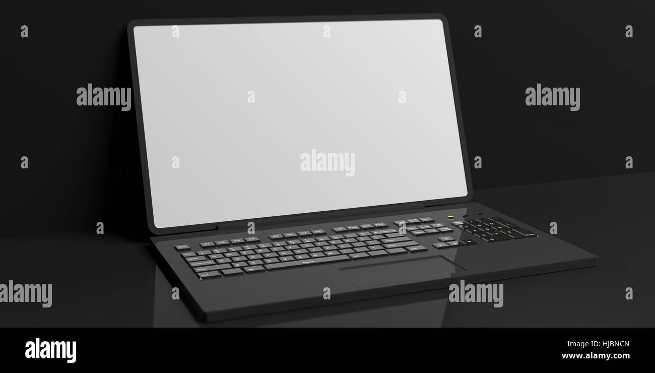 3d rendering black laptop on black background Stock Photo - Alamy