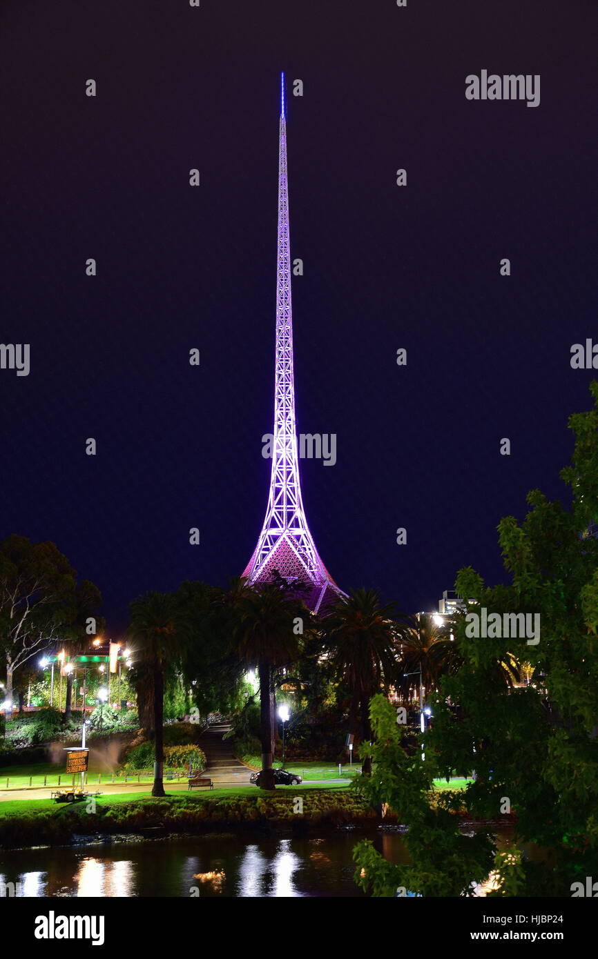 The Melbourne Arts Centre lit up in purple Stock Photo - Alamy