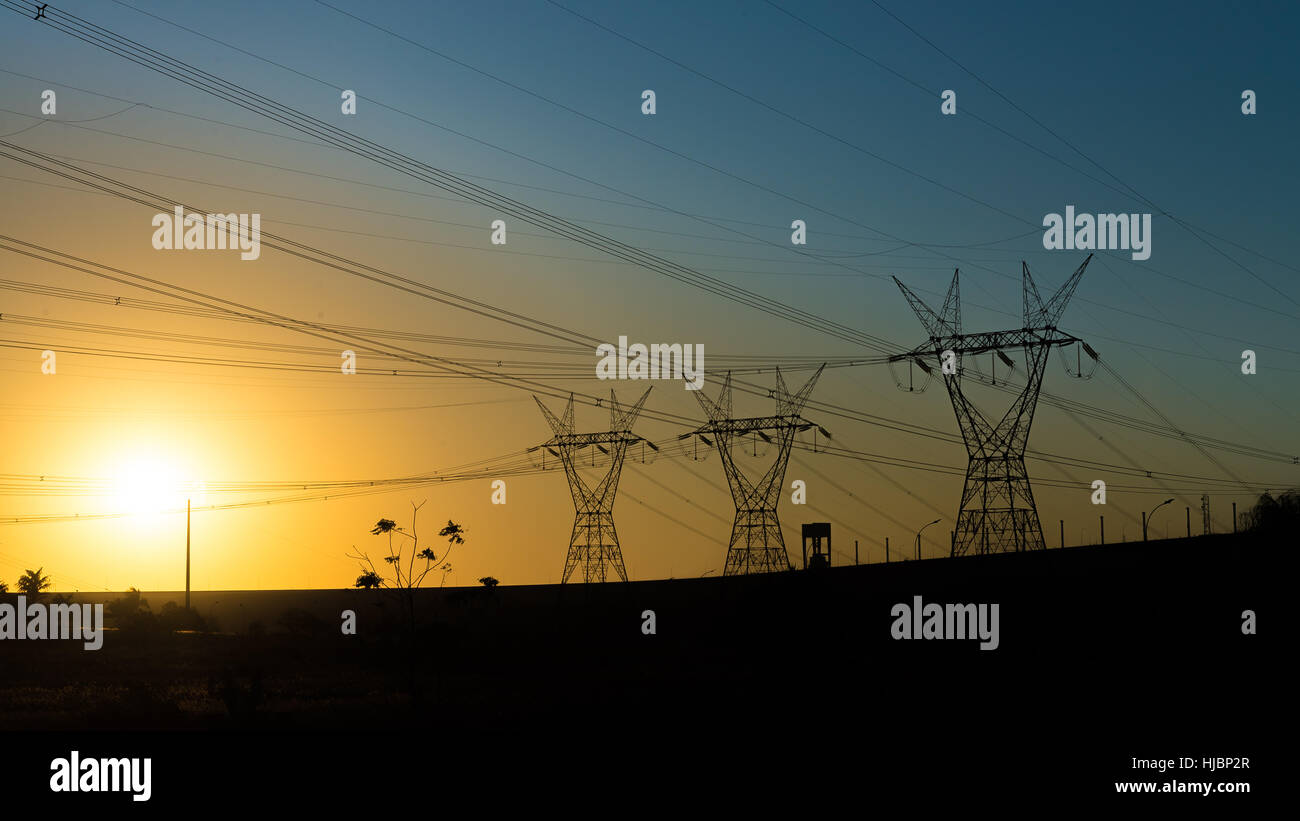 Foz do Iguazu, Brazil - july 10, 2016: Power lines at the sunset near ...