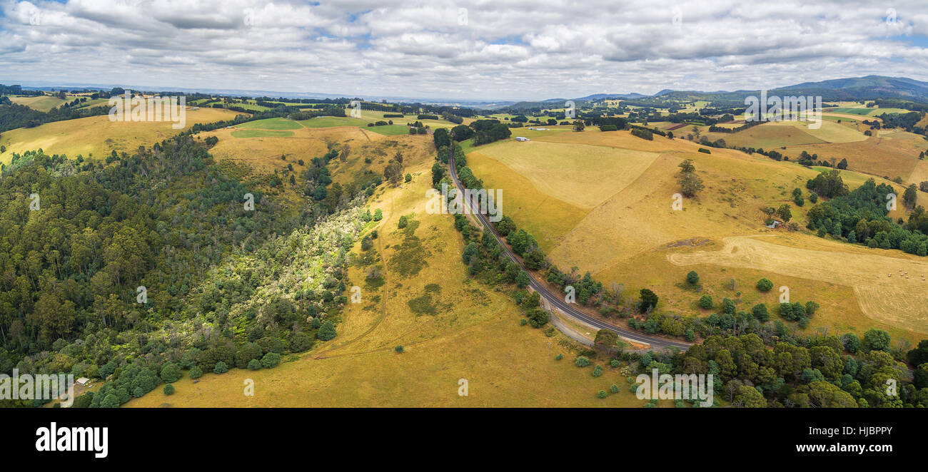Aerial panoramic landscape of Australian countryside - yellow fields ...