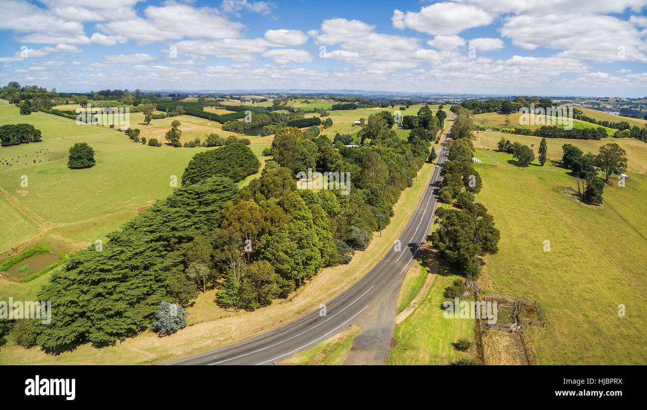 Aerial panorama of beautiful countryside. Trees, pastures, fields, road ...