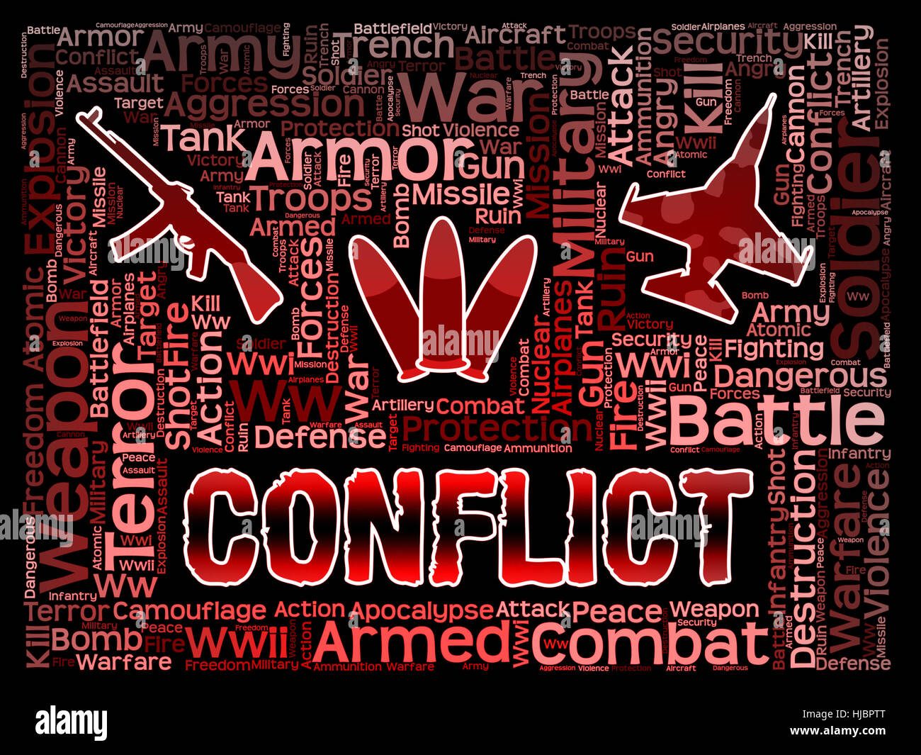 Conflict Words Means Military Action And Battles Stock Photo - Alamy