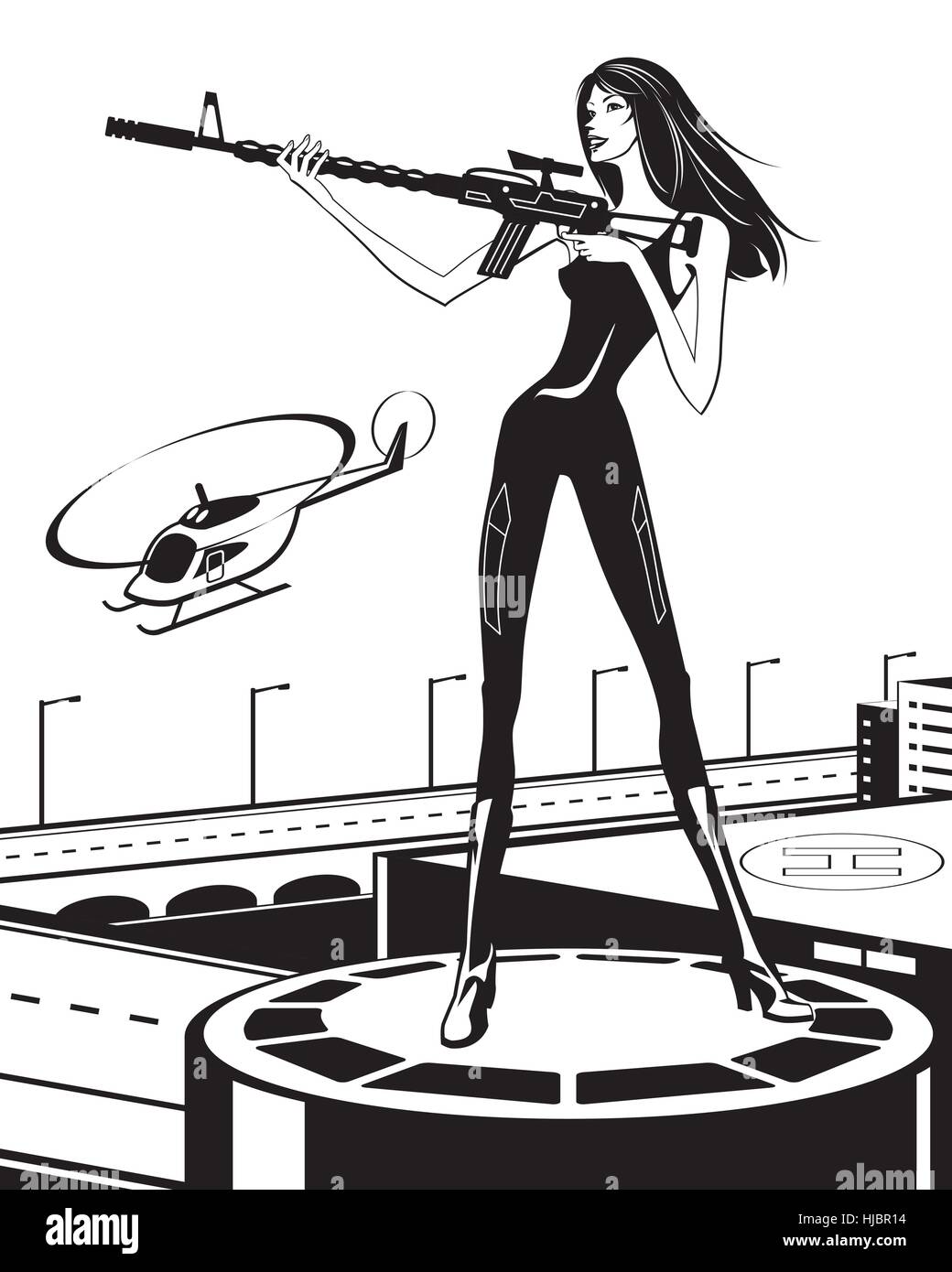 Woman with a sniper rifle and helicopter - vector illustration Stock ...
