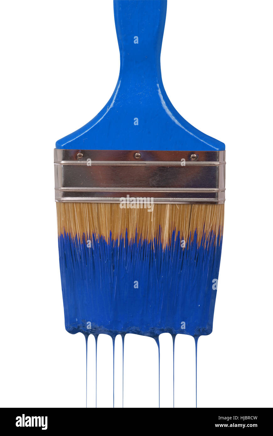 A paintbrush dripping with blue paint isolated on white. Clipping path ...