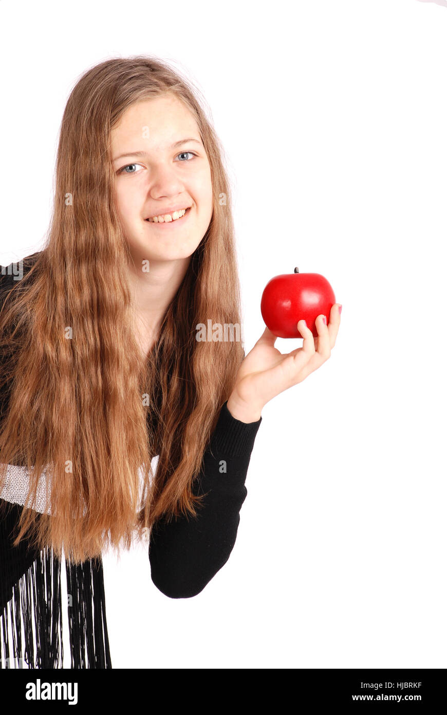 Girl holding fresh apple isolated on white Stock Photo - Alamy
