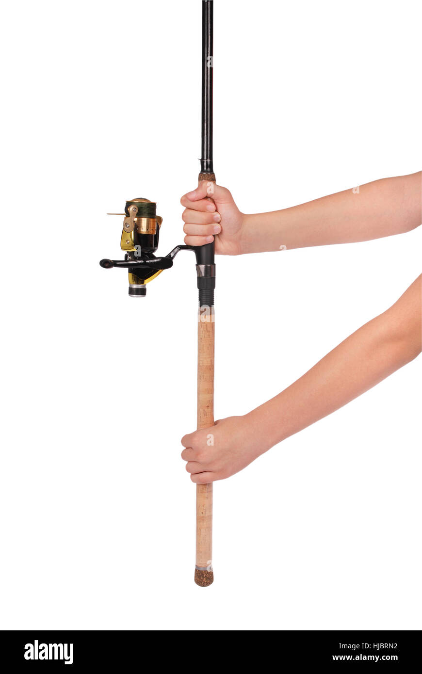 fishing rod, reel in hands, isolated over white background Stock Photo ...