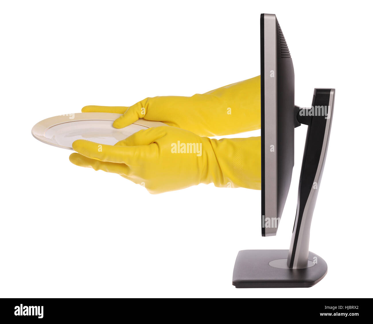 Computer monitor on white background. Hands in gloves holding a plate ...
