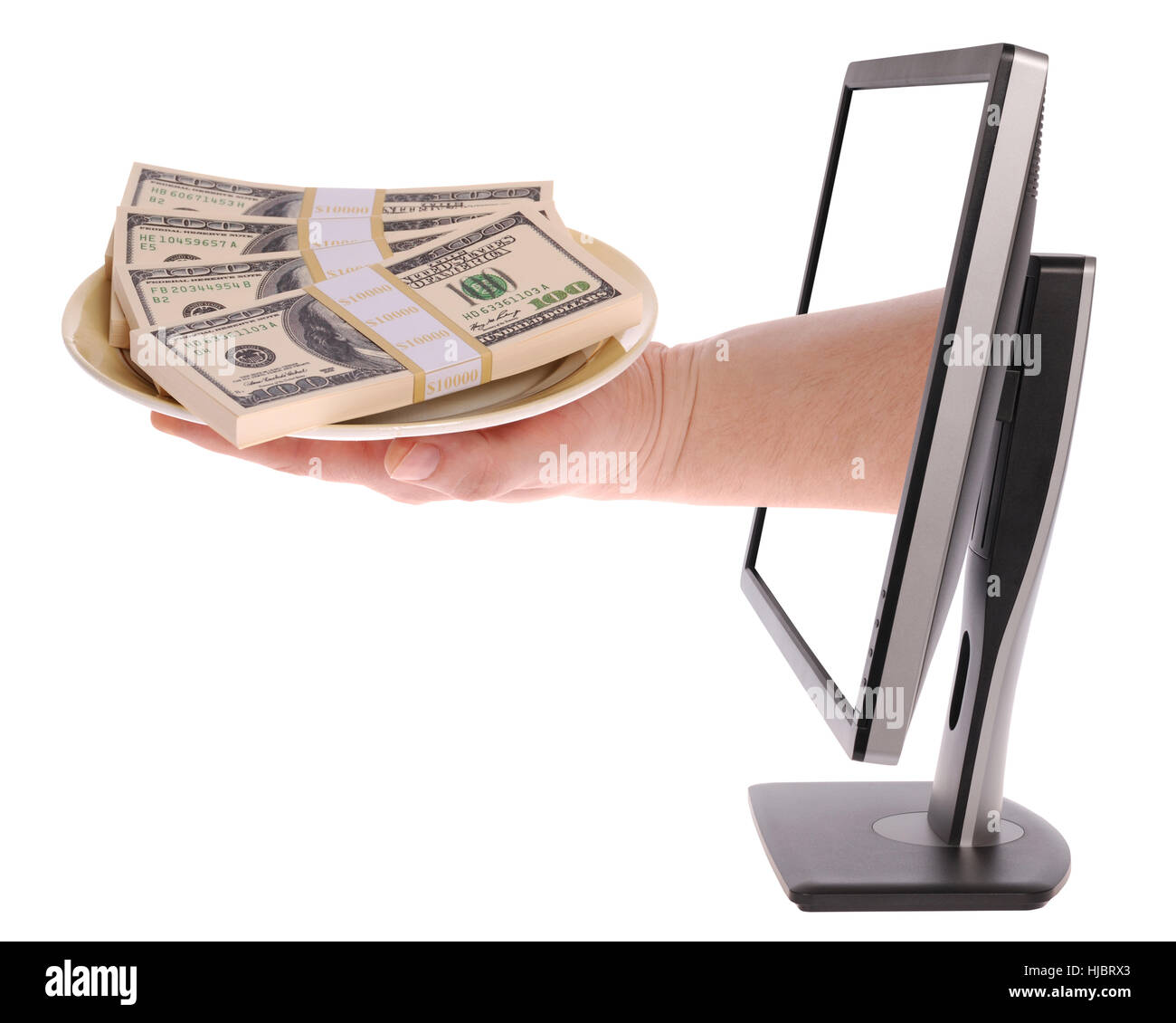 Computer monitor on white background. Money on plate with hand Stock ...