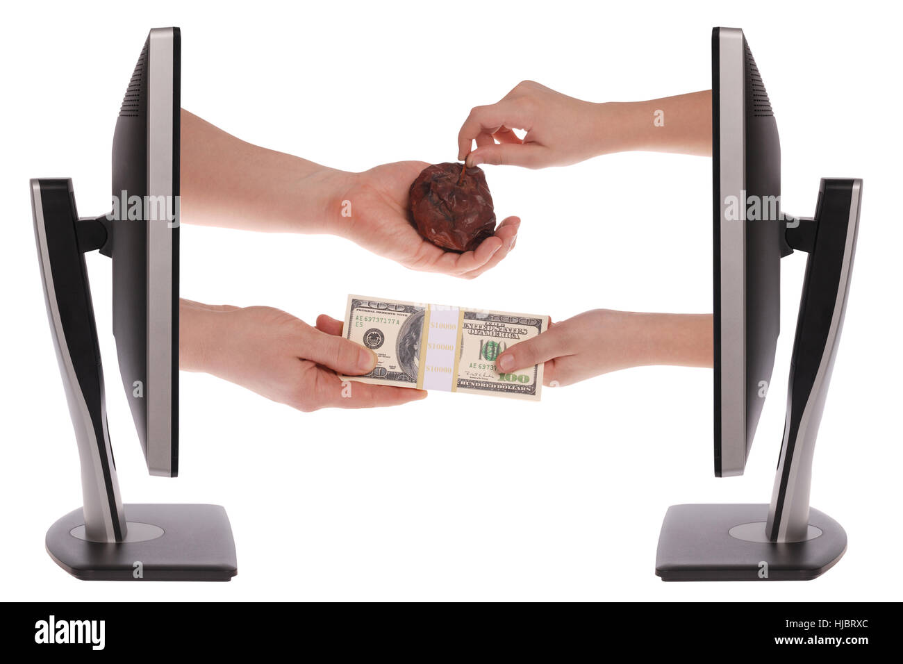 Two computer monitor on white background. Unequal exchange. Money for a ...