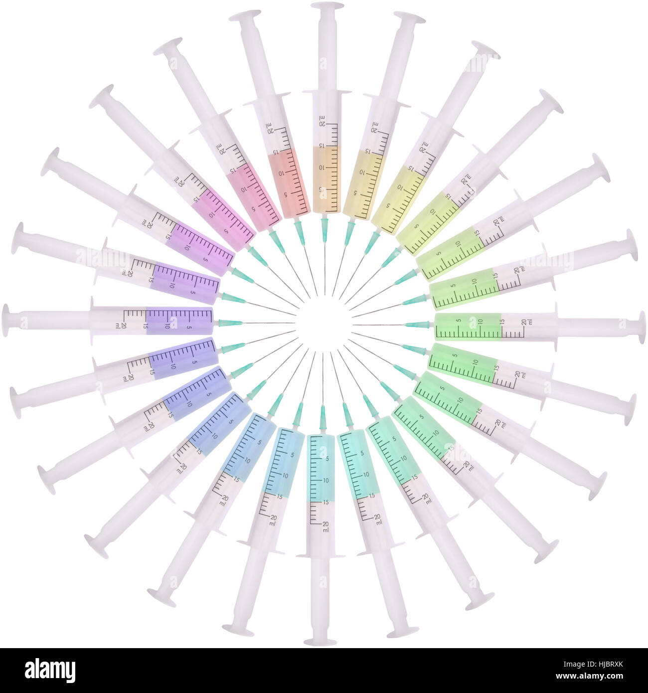 Syringe with medicine multicolored on white. Located circumferentially ...