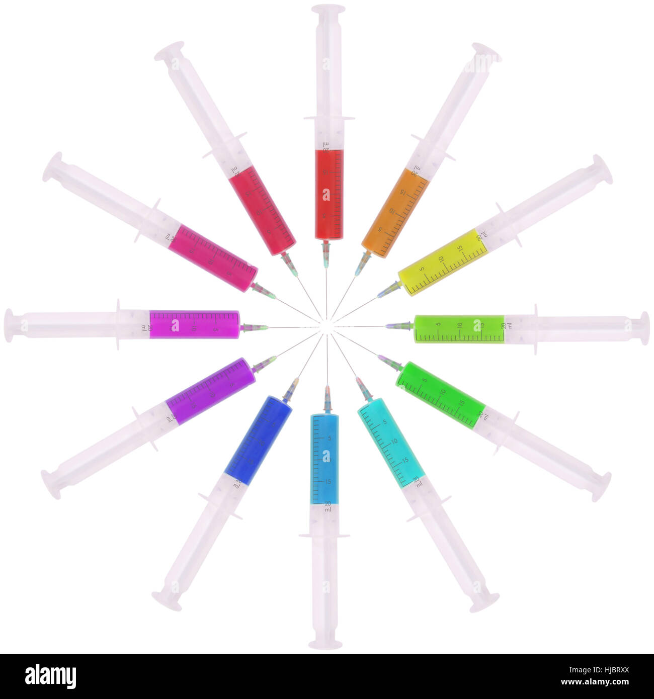 Syringe with medicine multicolored on white. Located circumferentially ...