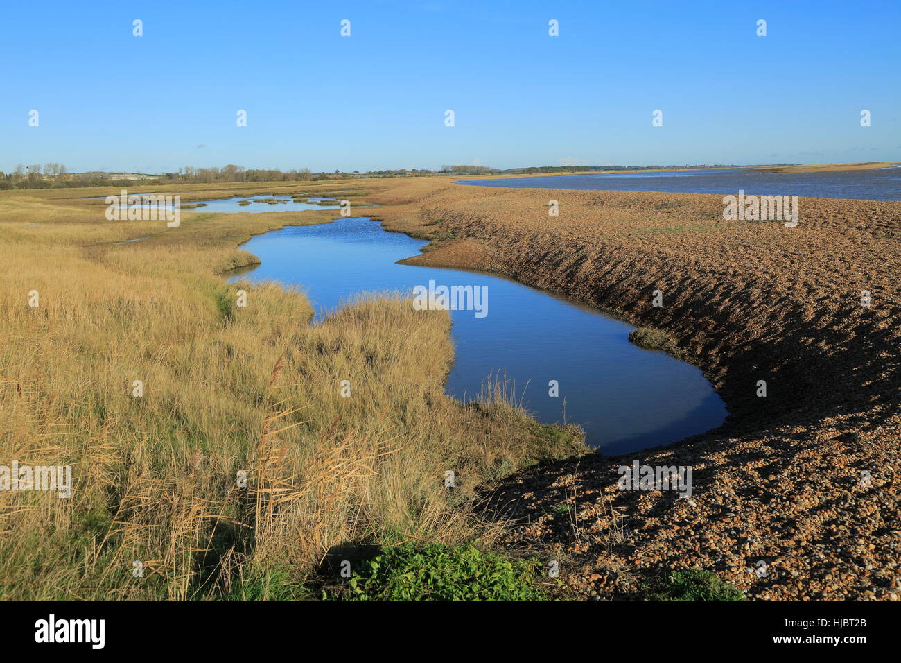Pools of water behind shingle beach of River Ore, Orford Ness spit to ...