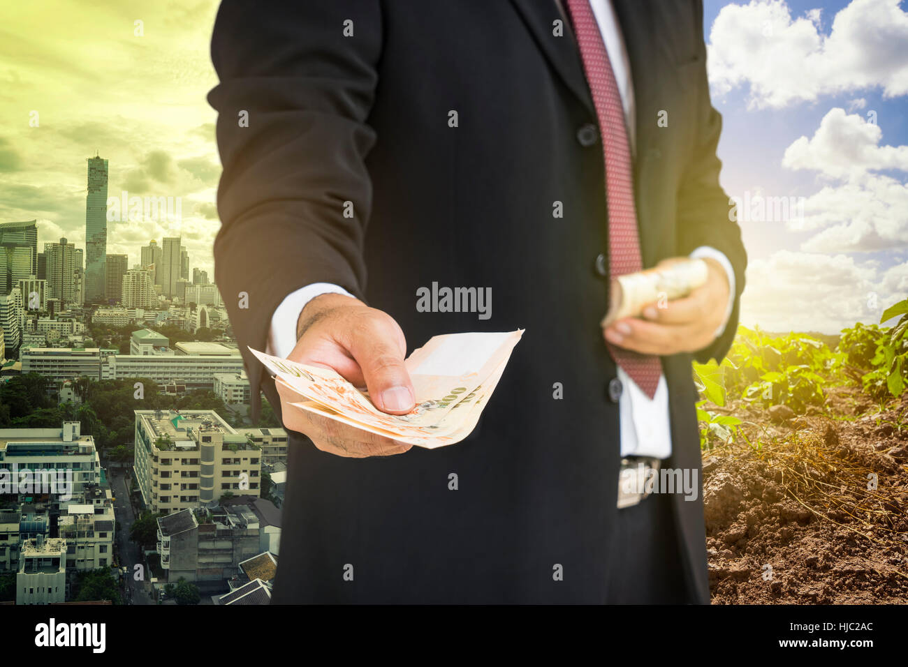 scene of busineesman give the money to you on half side background ...