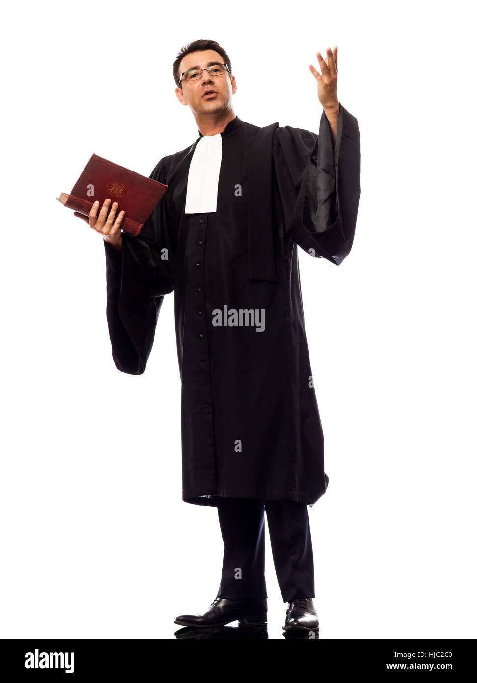 one caucasian lawyer man pleading in studio isolated on white ...