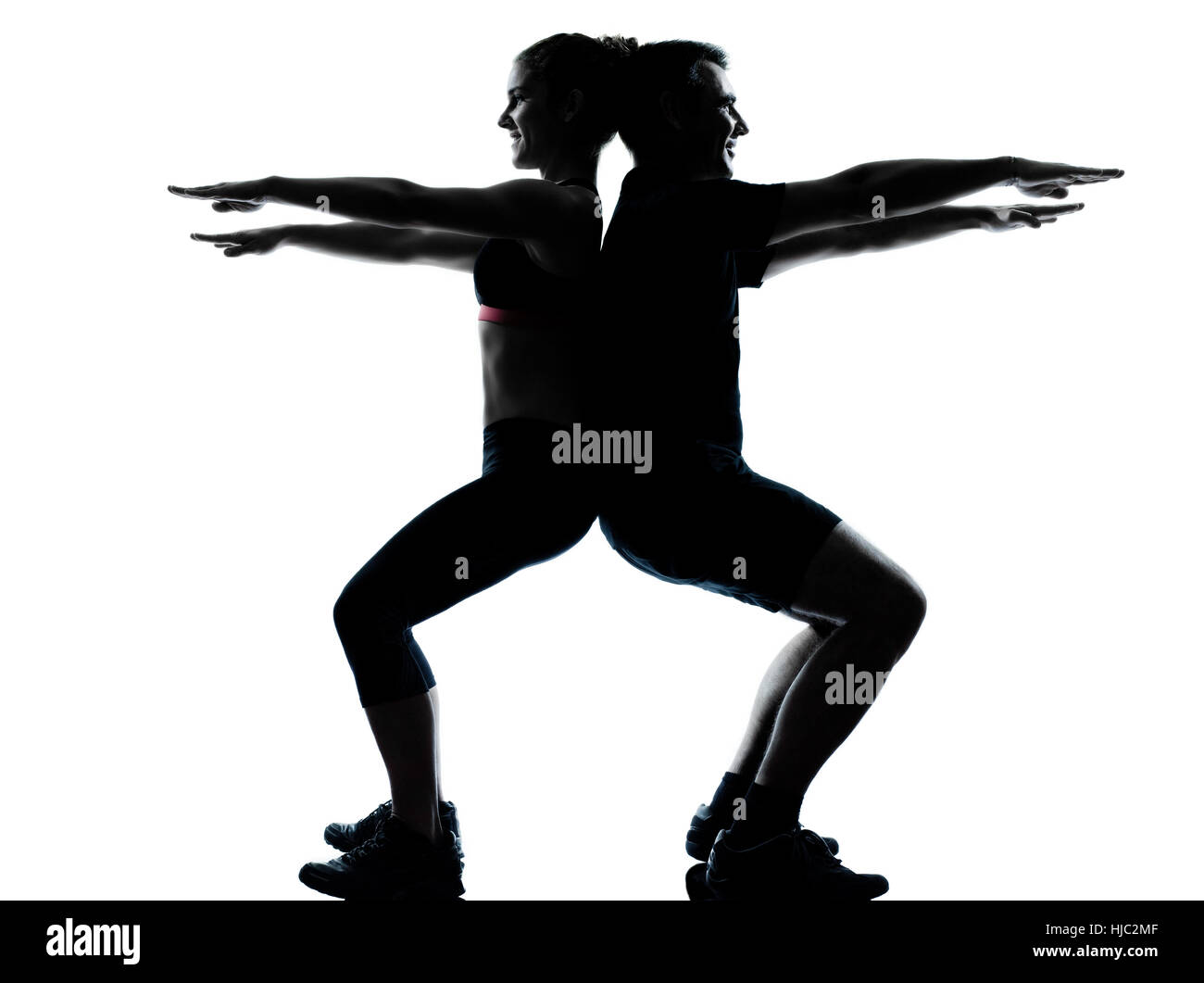 one couple man woman exercising workout aerobic fitness posture full ...