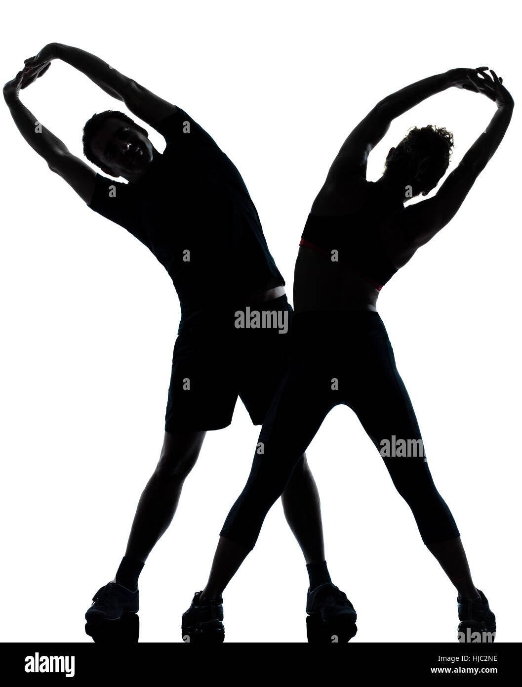 one couple man woman exercising workout aerobic fitness posture full ...