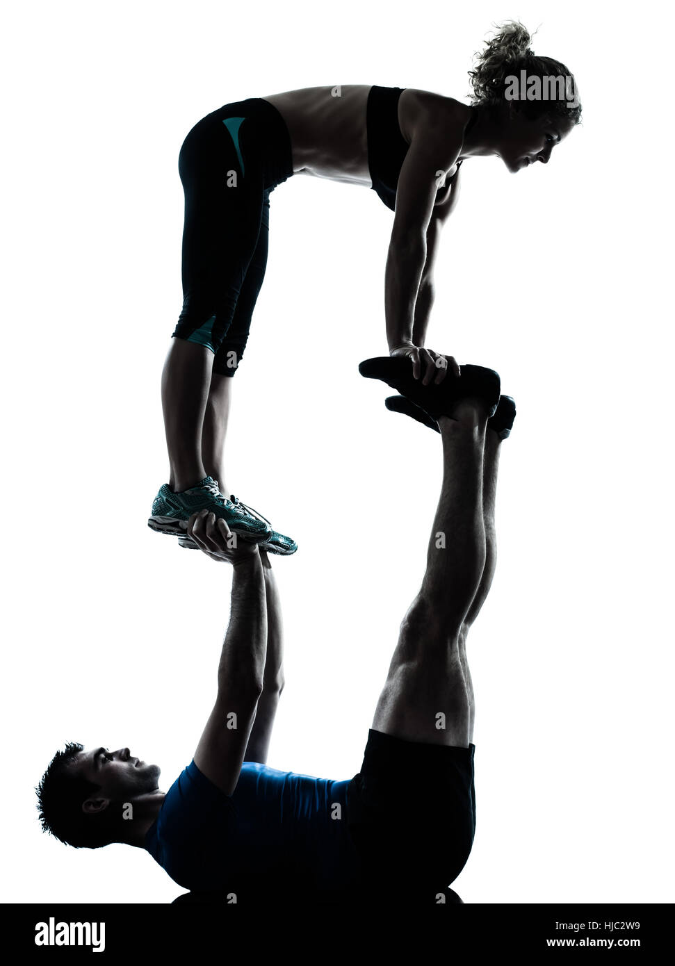 one caucasian couple man woman personal trainer coach exercising ...