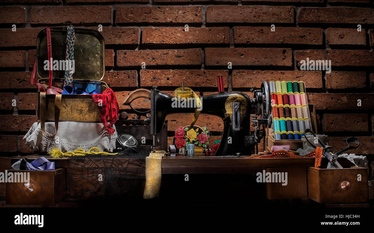 Sewing scene with many small parts Stock Photo - Alamy