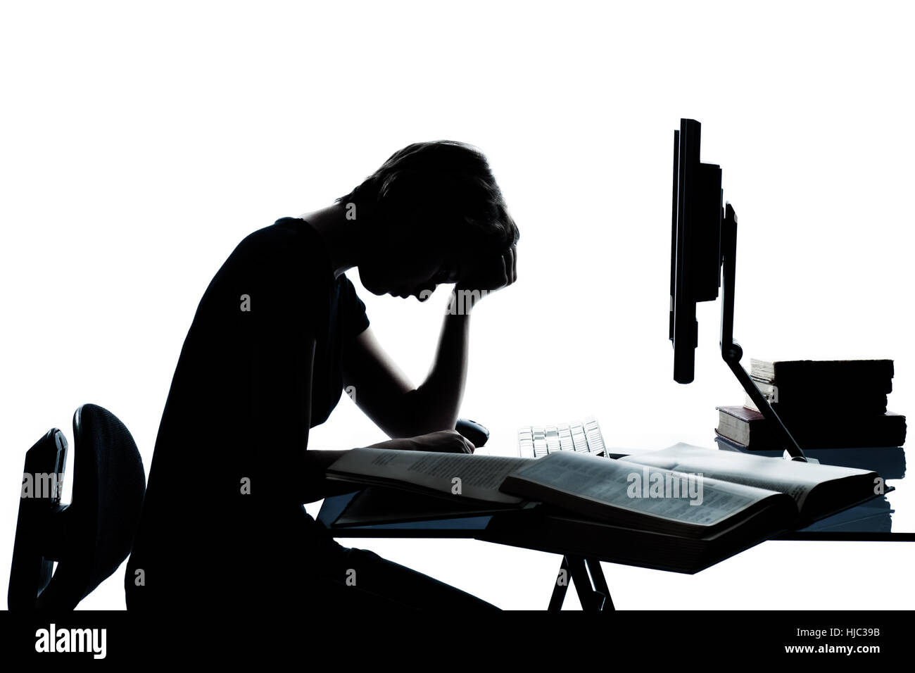 one caucasian young teenager silhouette boy or girl studying with ...