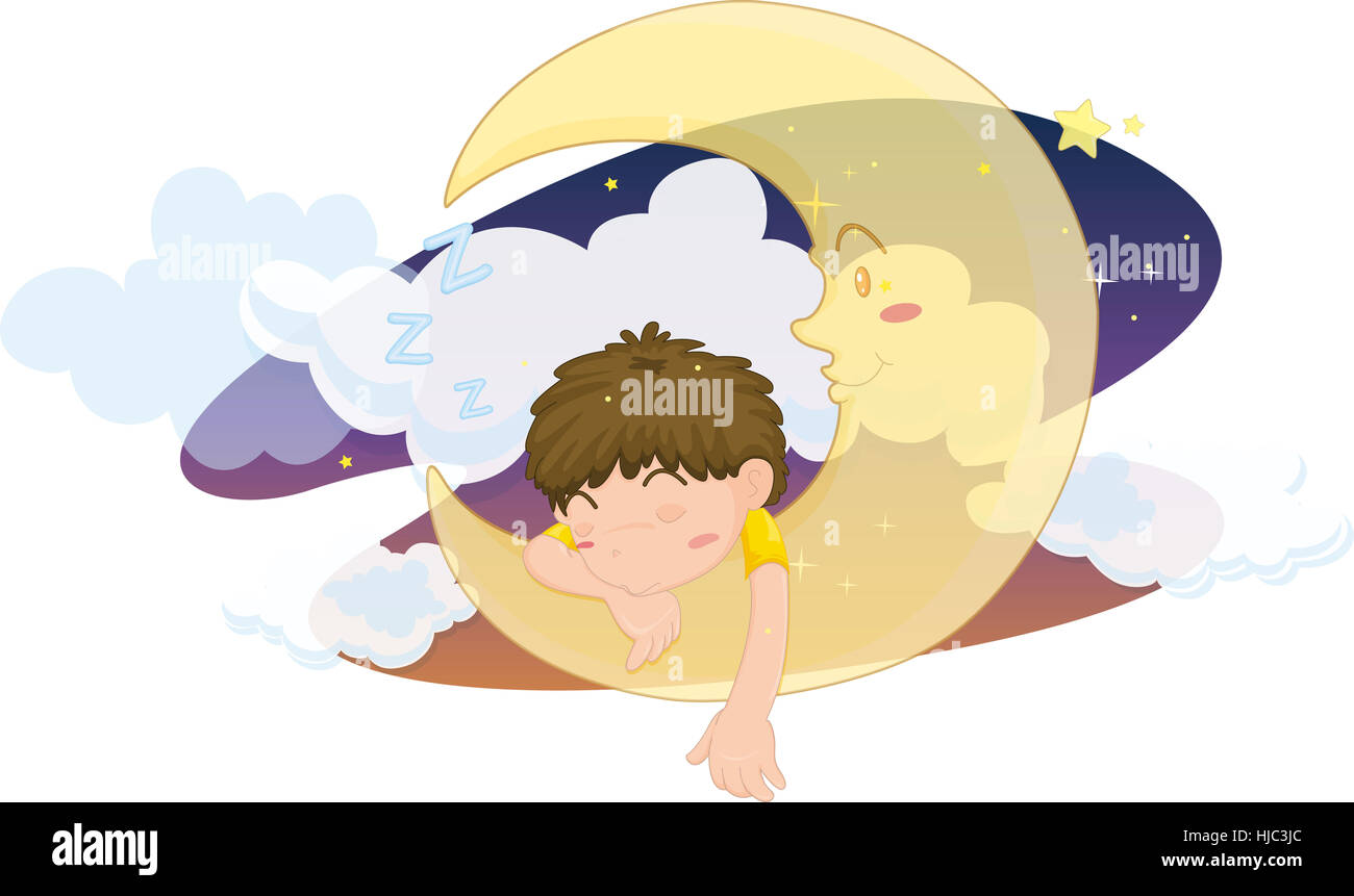 illustration of boy sleeping on moon Stock Photo - Alamy
