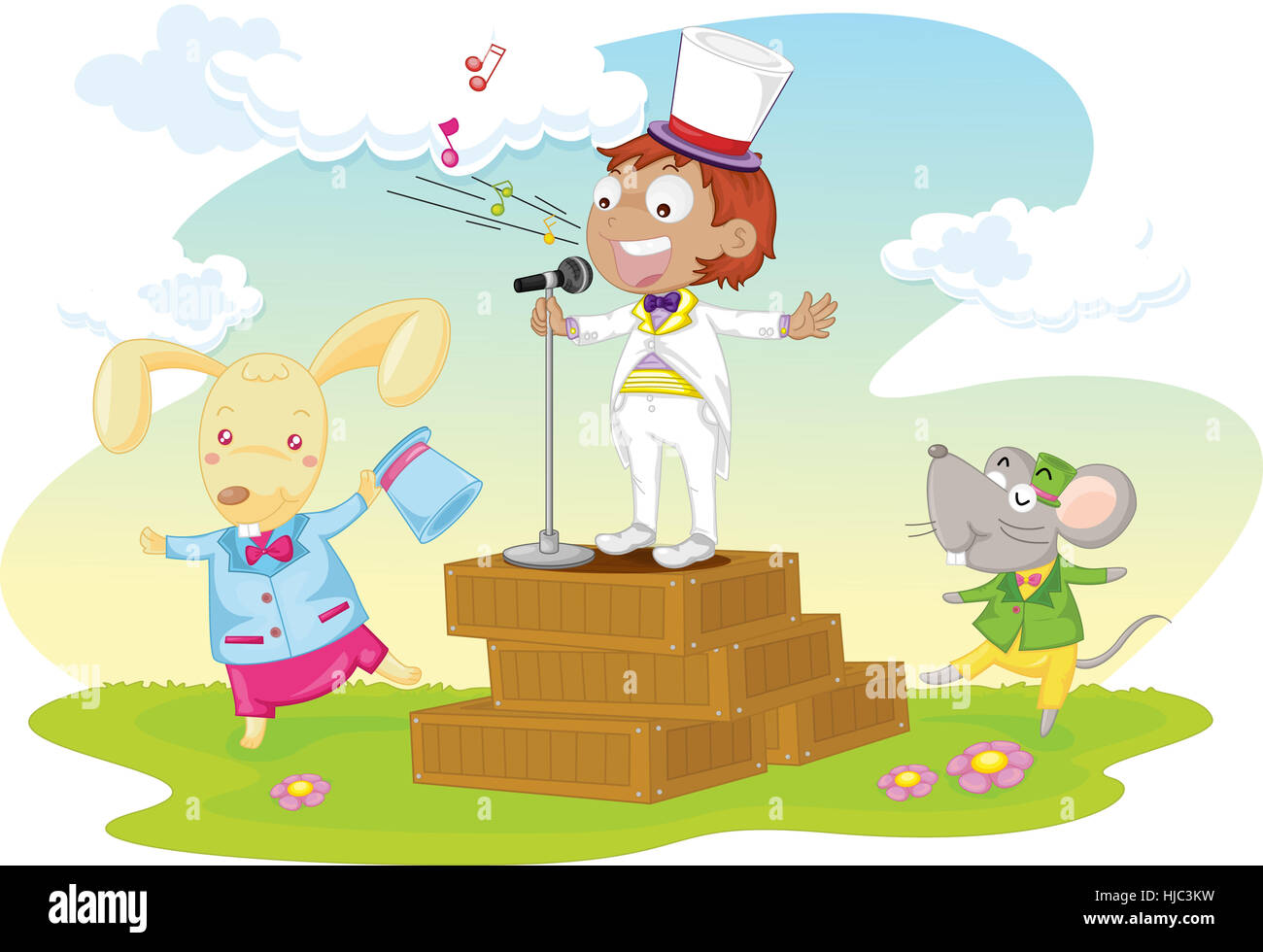 illustration of singing boy and mouse and rabbit Stock Photo - Alamy