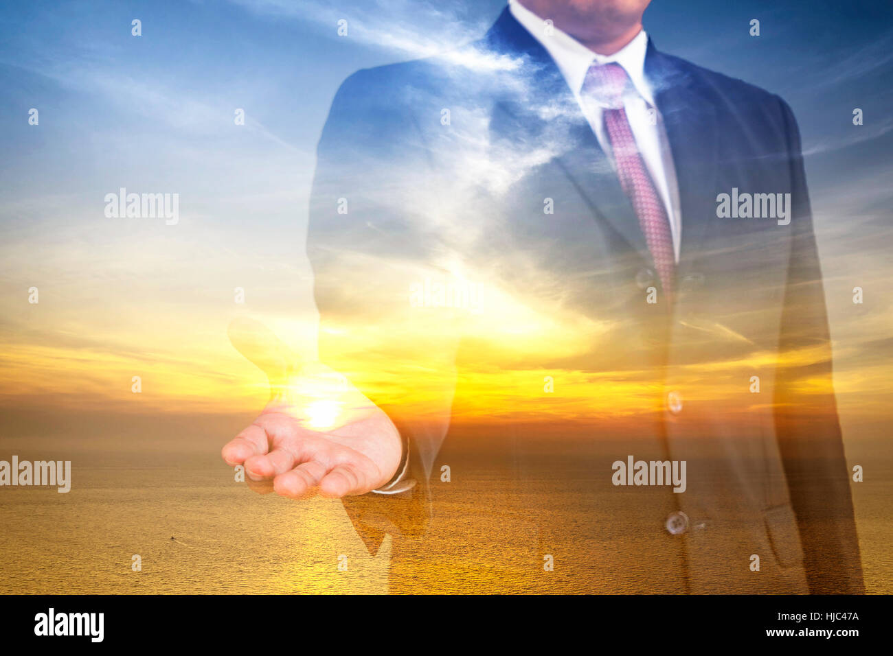 double exposure of businessman and seascape sunset - can use to display ...