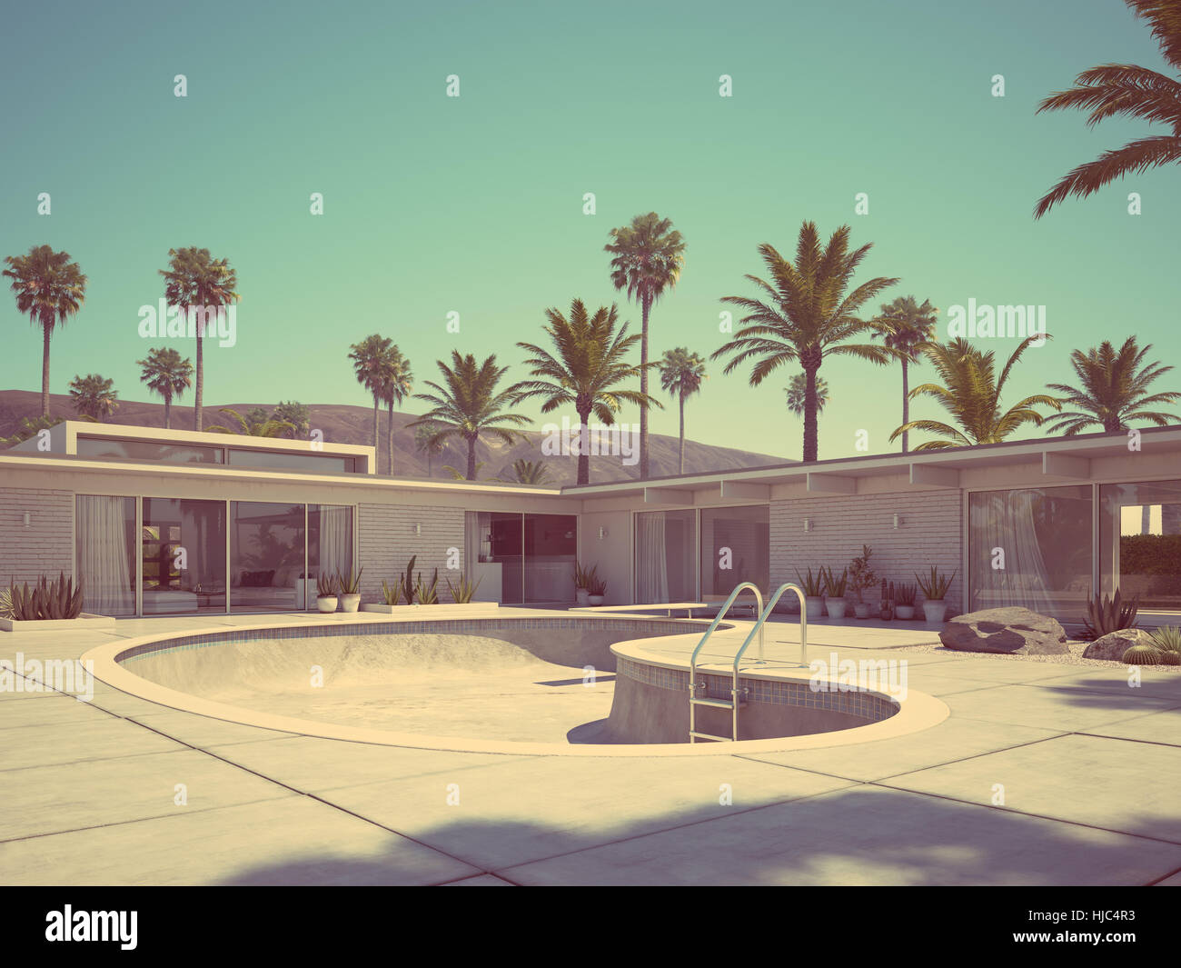 View of swimming pool and modern home exterior. 3d rendering Stock ...