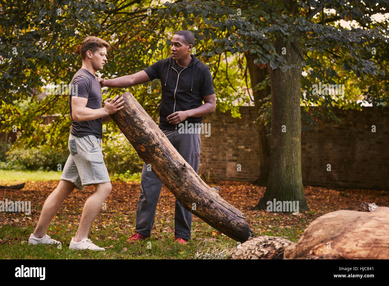 Young man with personal trainer lifting tree trunk in park Stock Photo ...