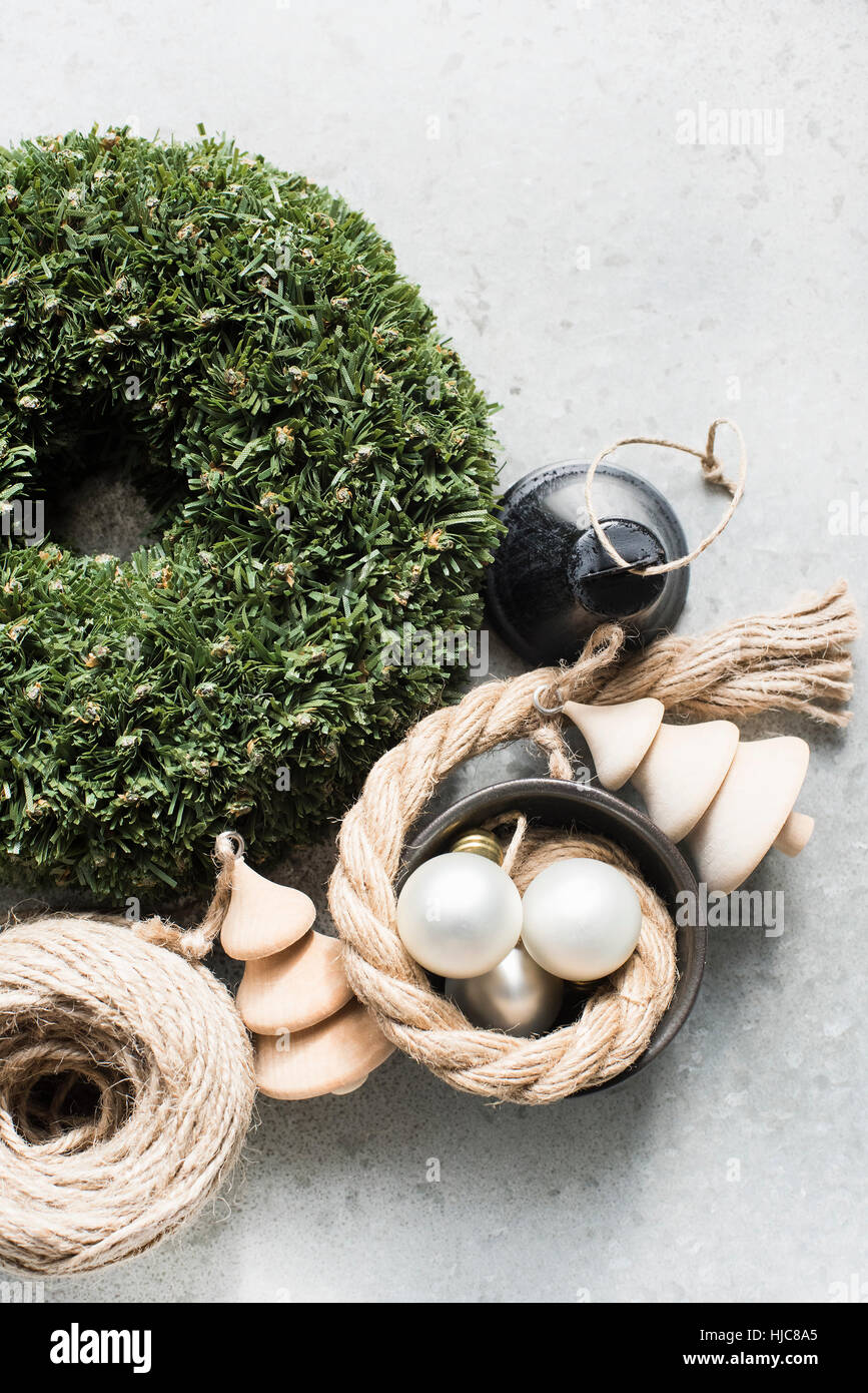 Overhead view of Christmas decorations with string and rope Stock Photo ...