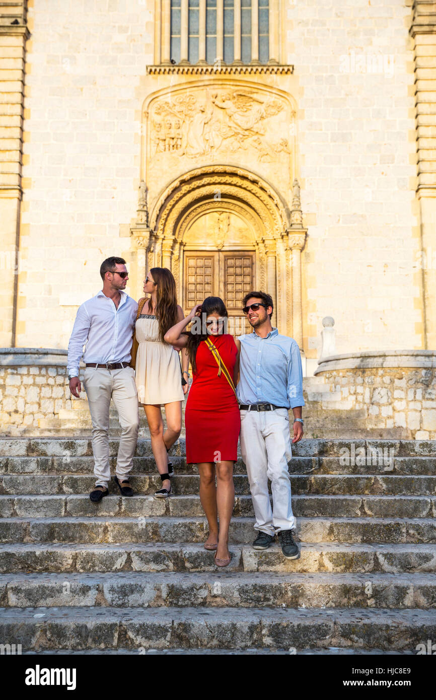 Two tourist couples on church stairway, Calvia, Majorca, Spain Stock ...
