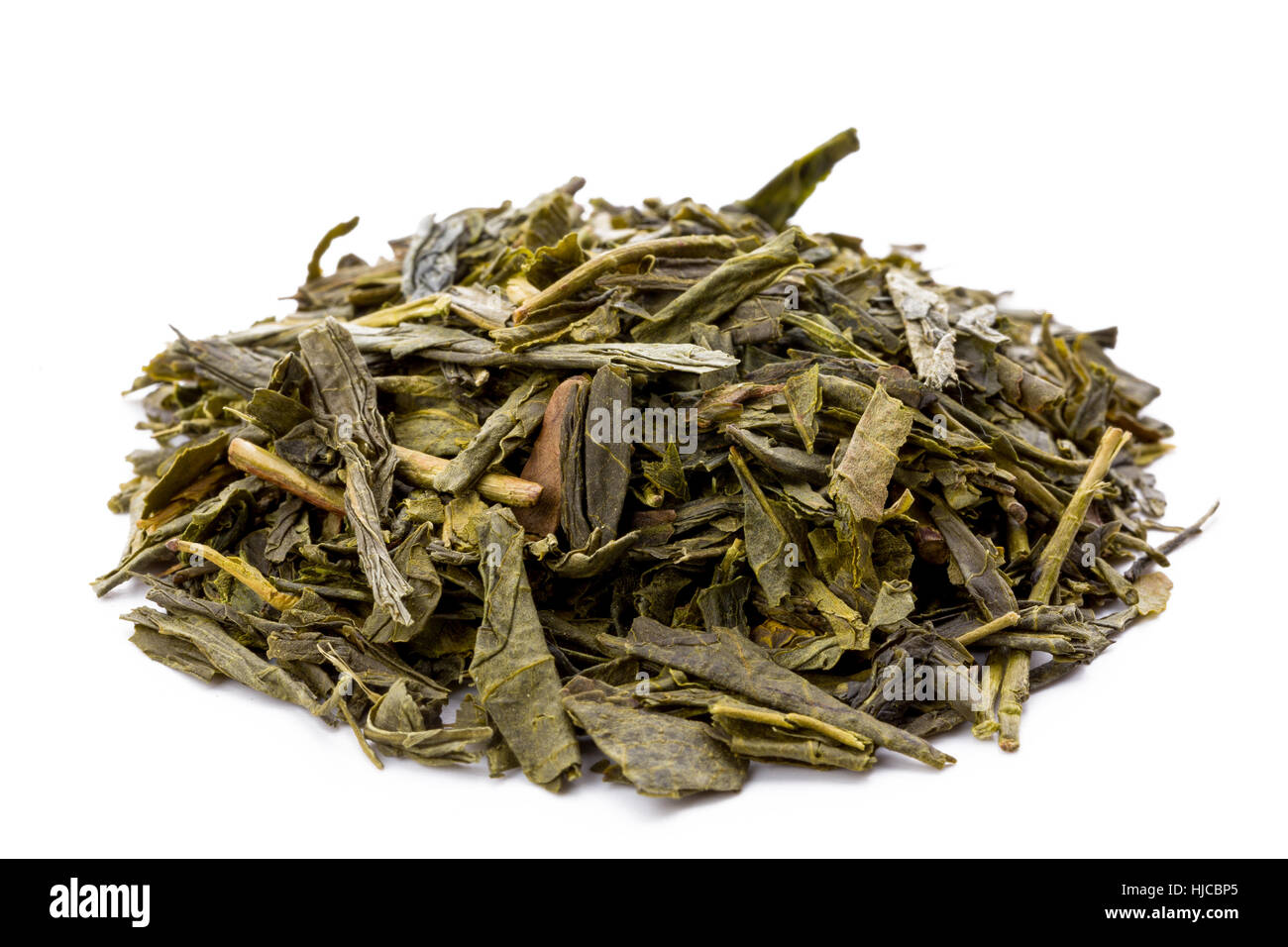 Heap of leaves of green japanese bancha tea, closeup, frontview ...