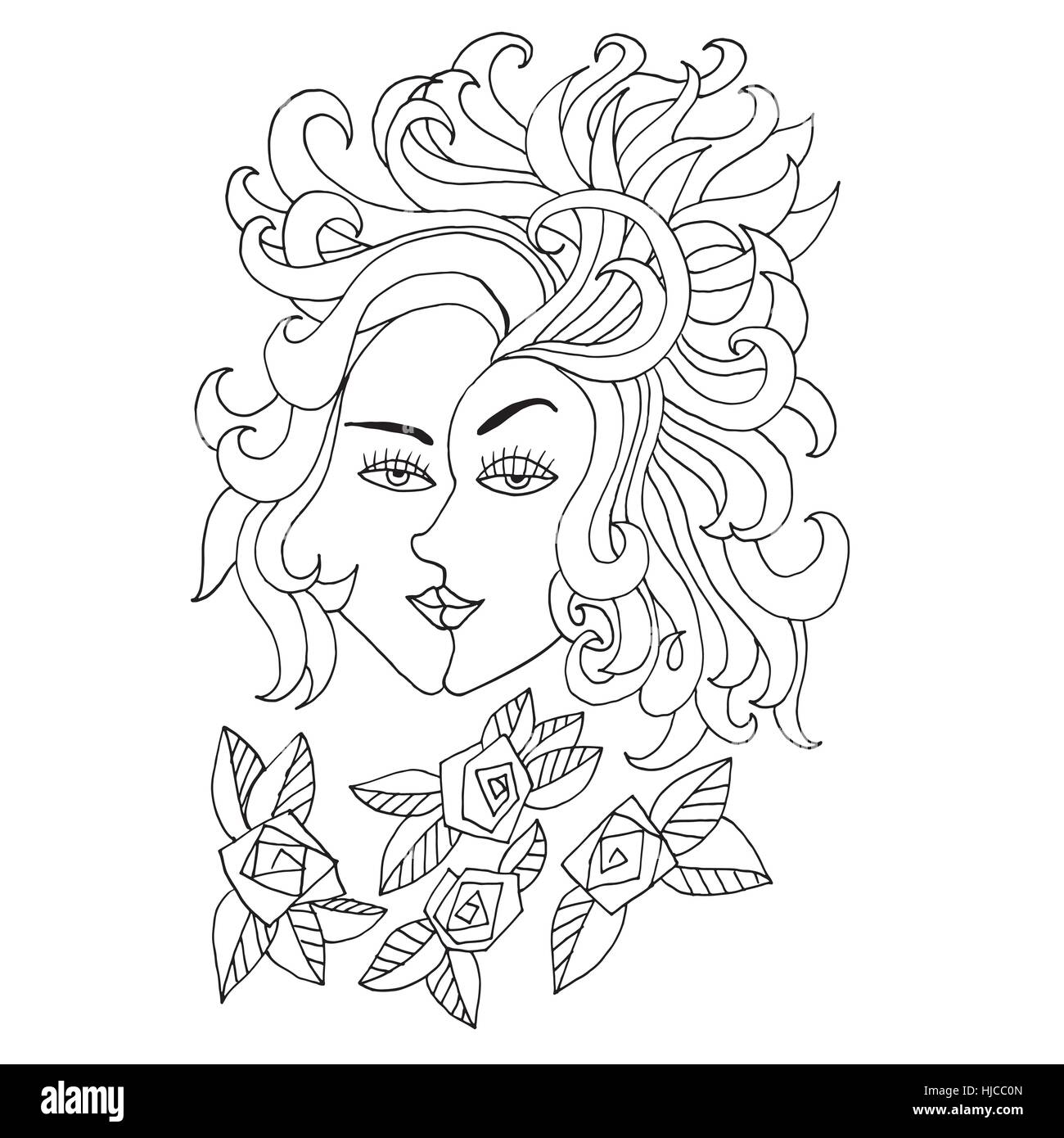 Girl with two faces and flowers. Winter and spring illustration Stock ...