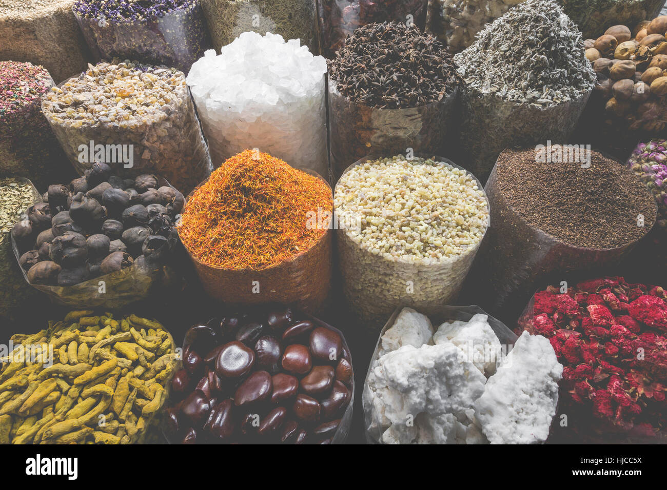 Dried herbs, flowers and arabic spices in the souk at Deira in Dubai ...