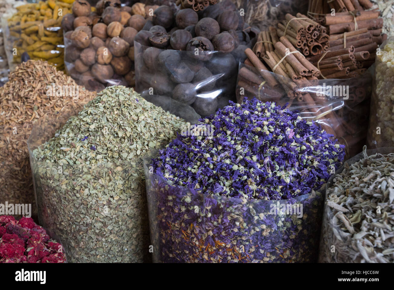 Dried herbs, flowers and arabic spices in the souk at Deira in Dubai ...