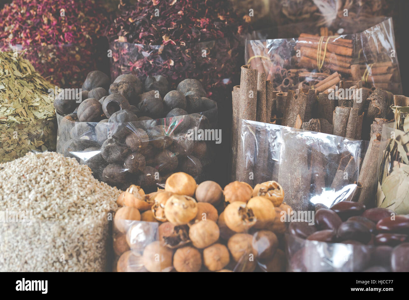 Dried herbs, flowers and arabic spices in the souk at Deira in Dubai ...