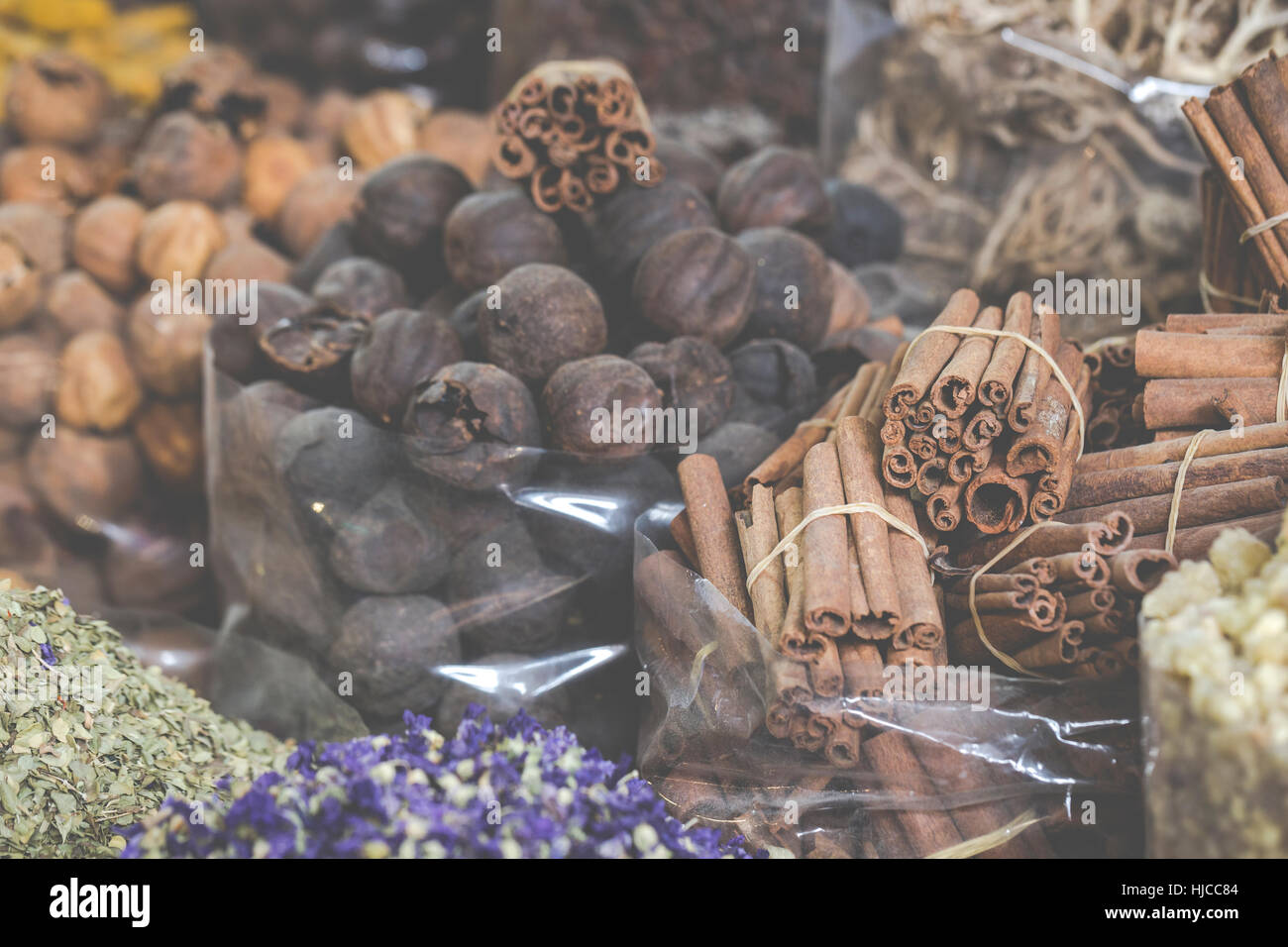 Dried herbs, flowers and arabic spices in the souk at Deira in Dubai ...