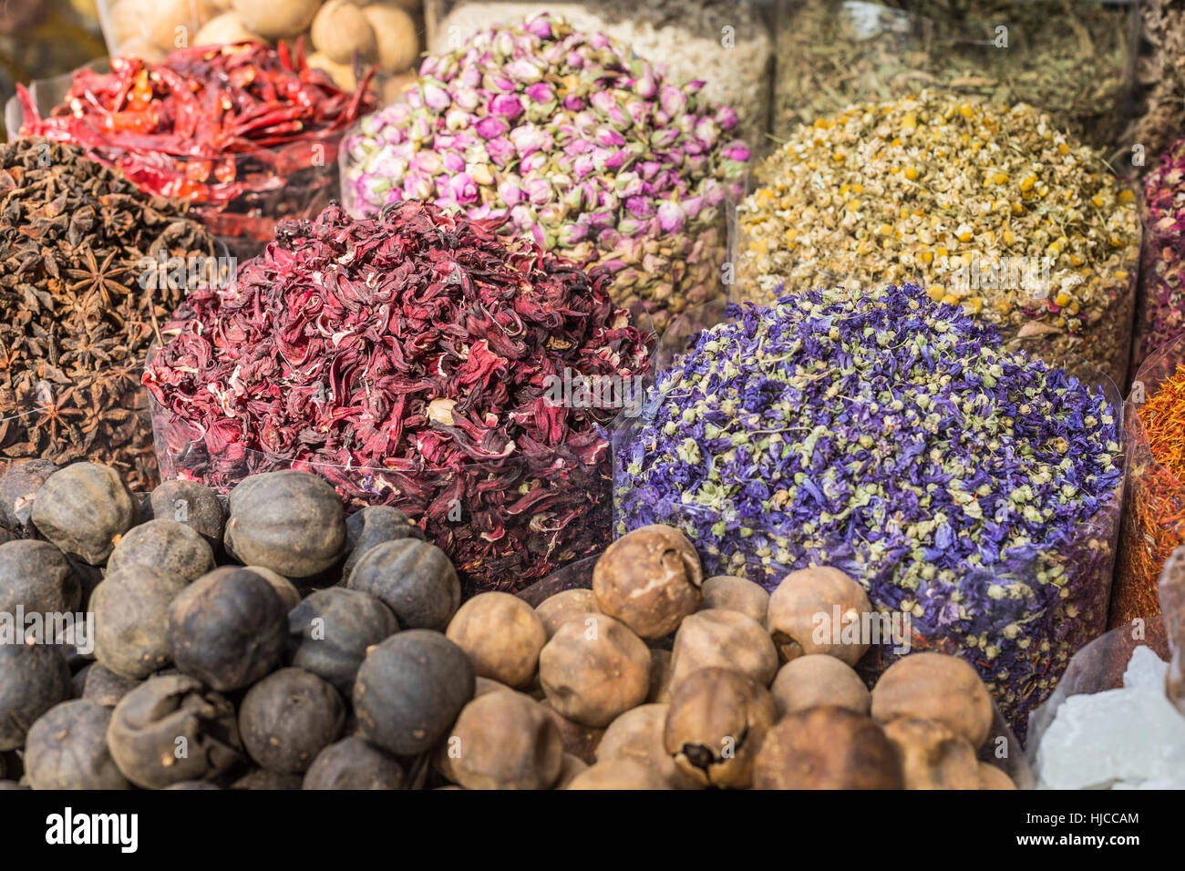 Dried herbs, flowers and arabic spices in the souk at Deira in Dubai ...