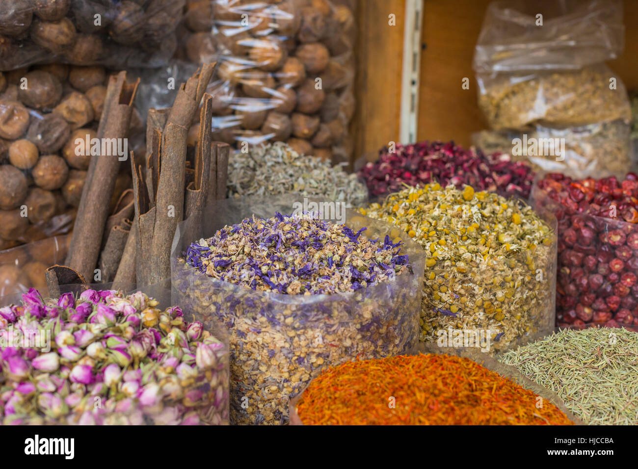 Dried herbs, flowers and arabic spices in the souk at Deira in Dubai ...