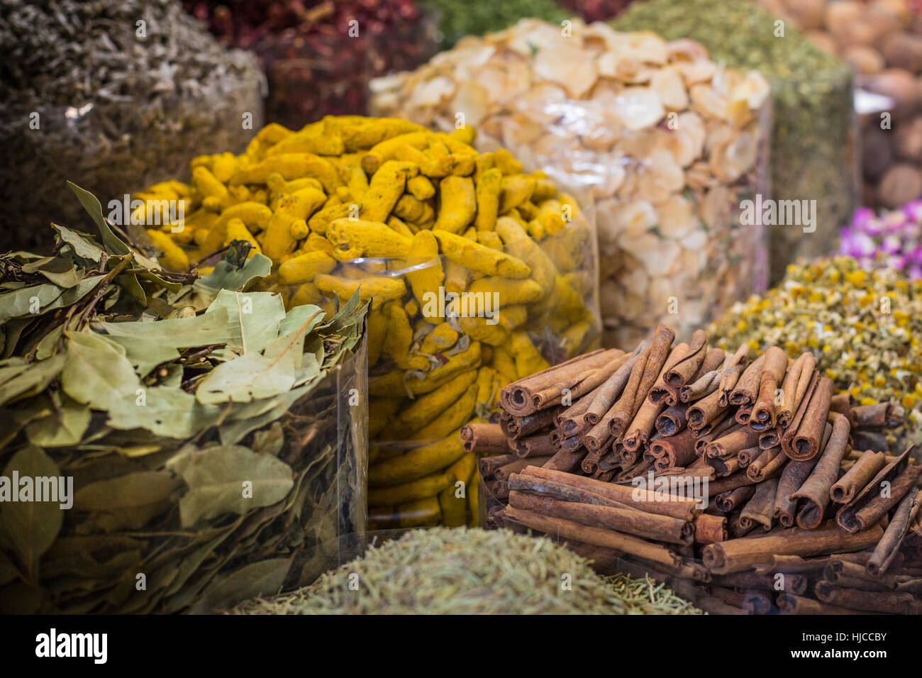 Dried herbs, flowers and arabic spices in the souk at Deira in Dubai ...