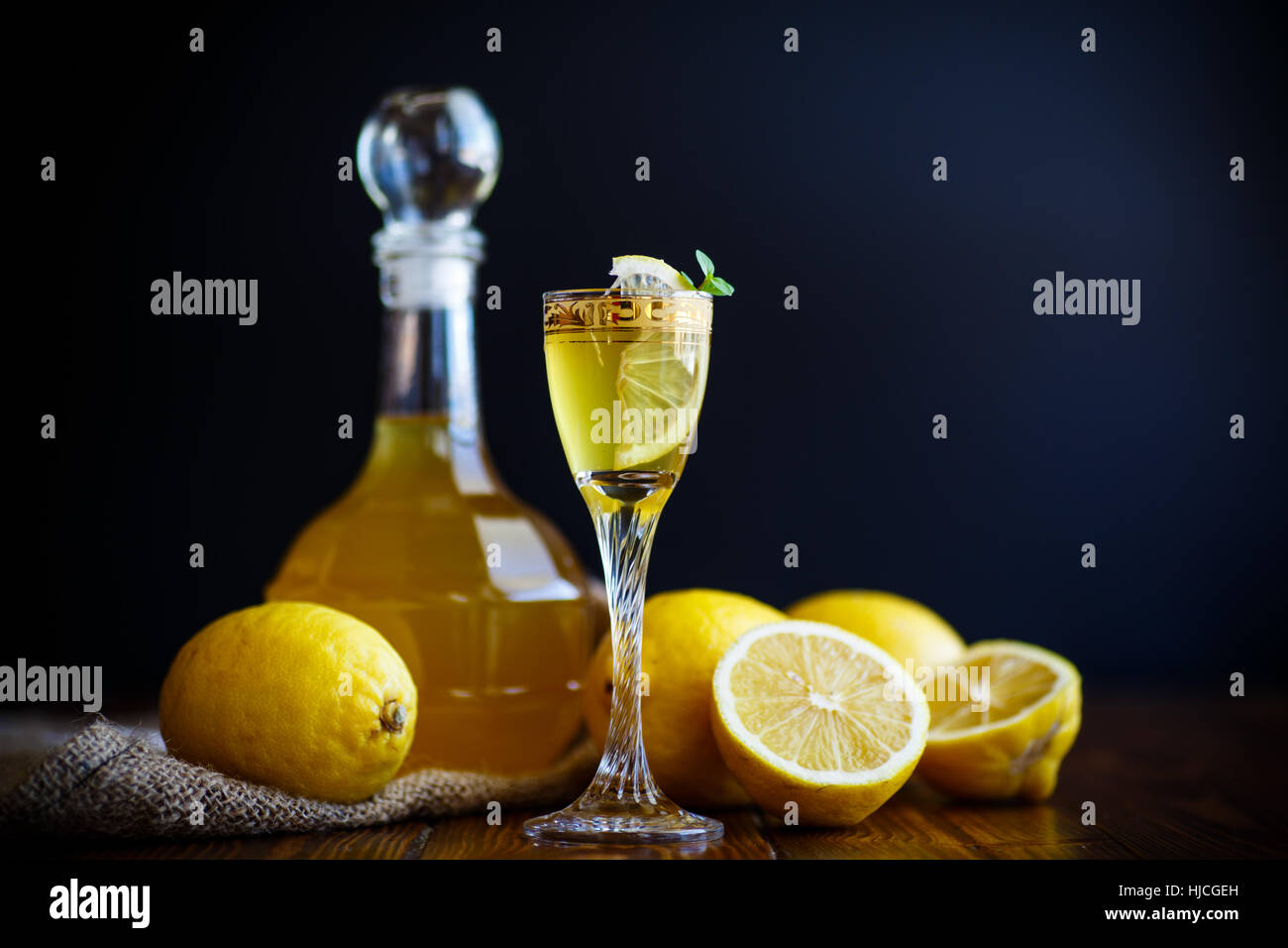 sweet lemon alcoholic brandy in the decanter Stock Photo - Alamy