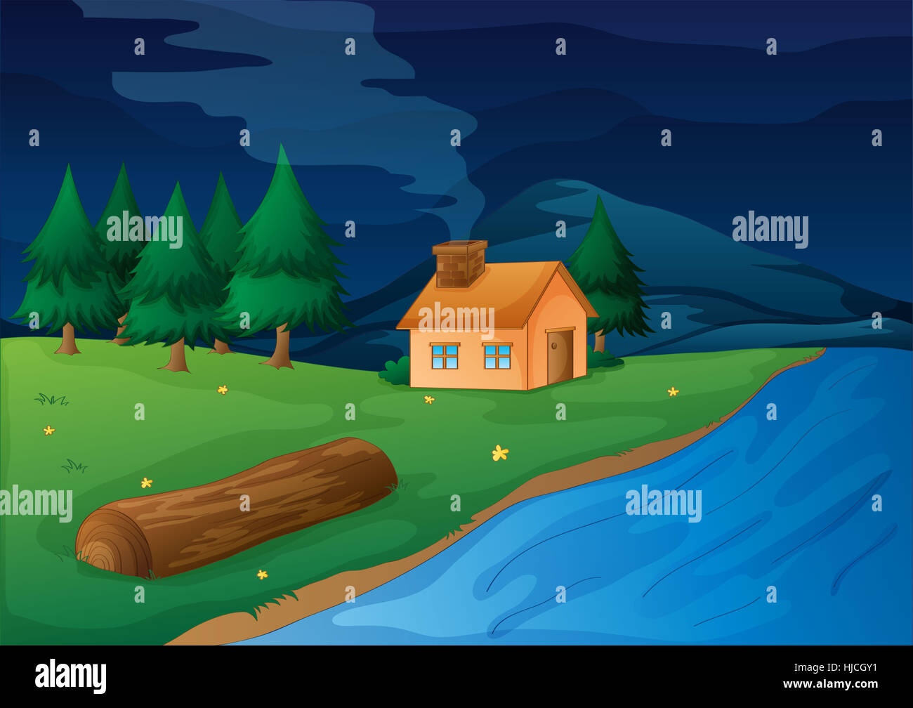 illustration of a house and river in a beautiful nature Stock Photo - Alamy