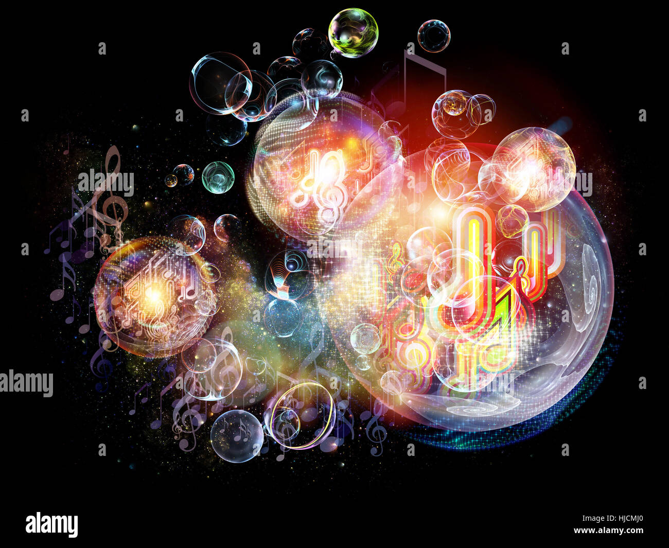 Bubble Symphony series. Design made of musical notes, fractal spheres ...