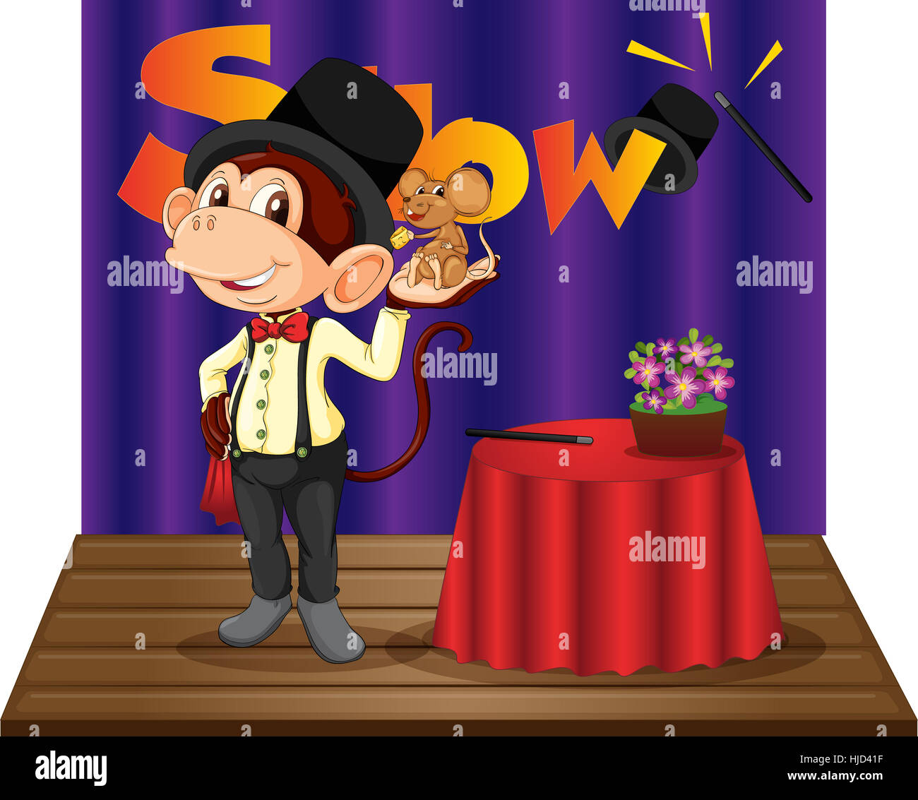Illustration of a monkey magician on stage Stock Photo - Alamy